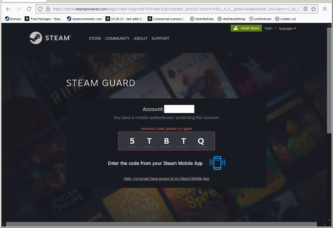 Unable log in to account via using backup steam guard code :: Steam Mobile App